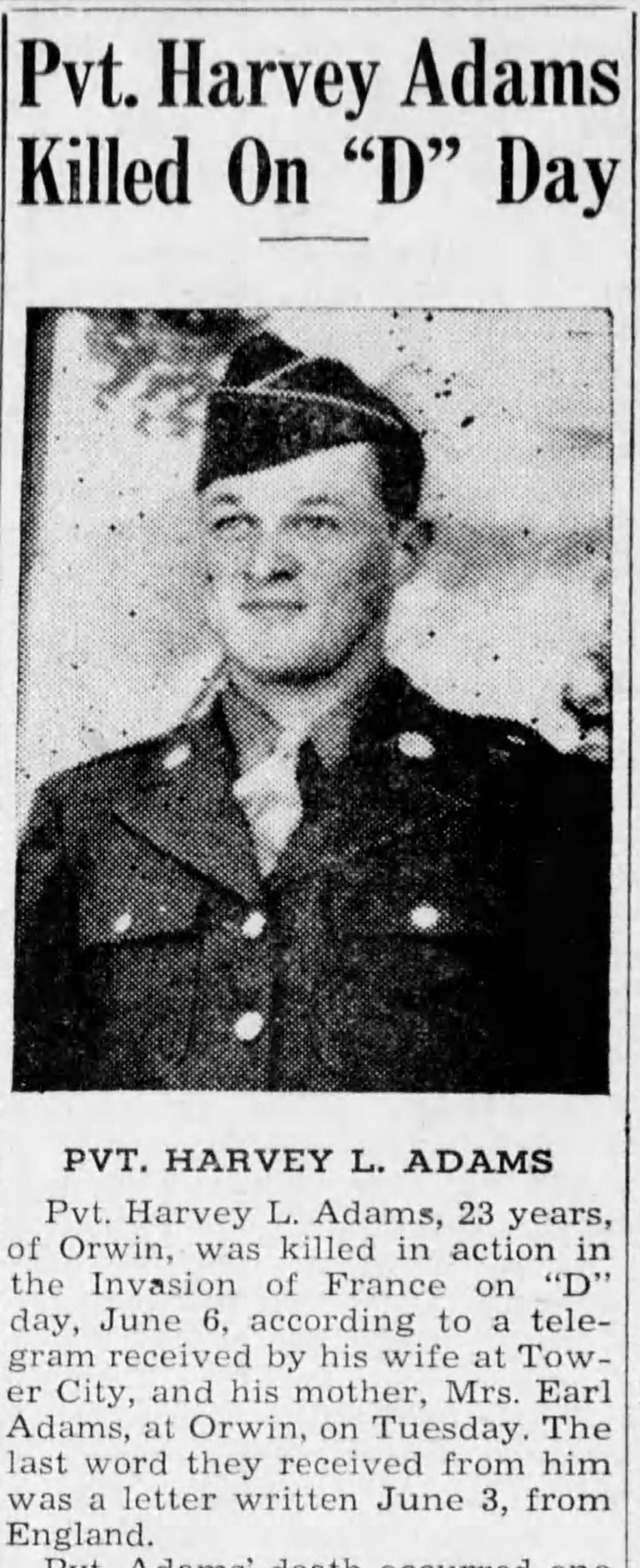 Private Harvey L. Adams | Killed on D-Day, June 6, 1944 | Jake Wynn ...